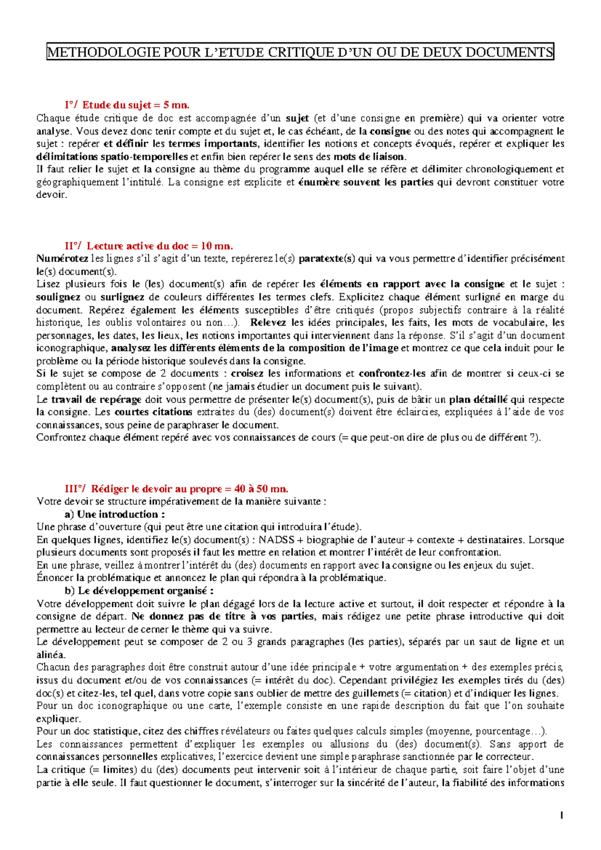 Fiche Méthode 1 Analyse critique de doc - 1 METHODOLOGIE POUR L’ETUDE ...