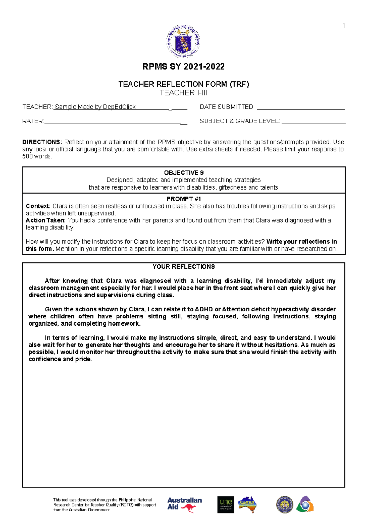 [Appendix 4A] Teacher Reflection Form for T I-III for RPMS SY 2021-2022 ...
