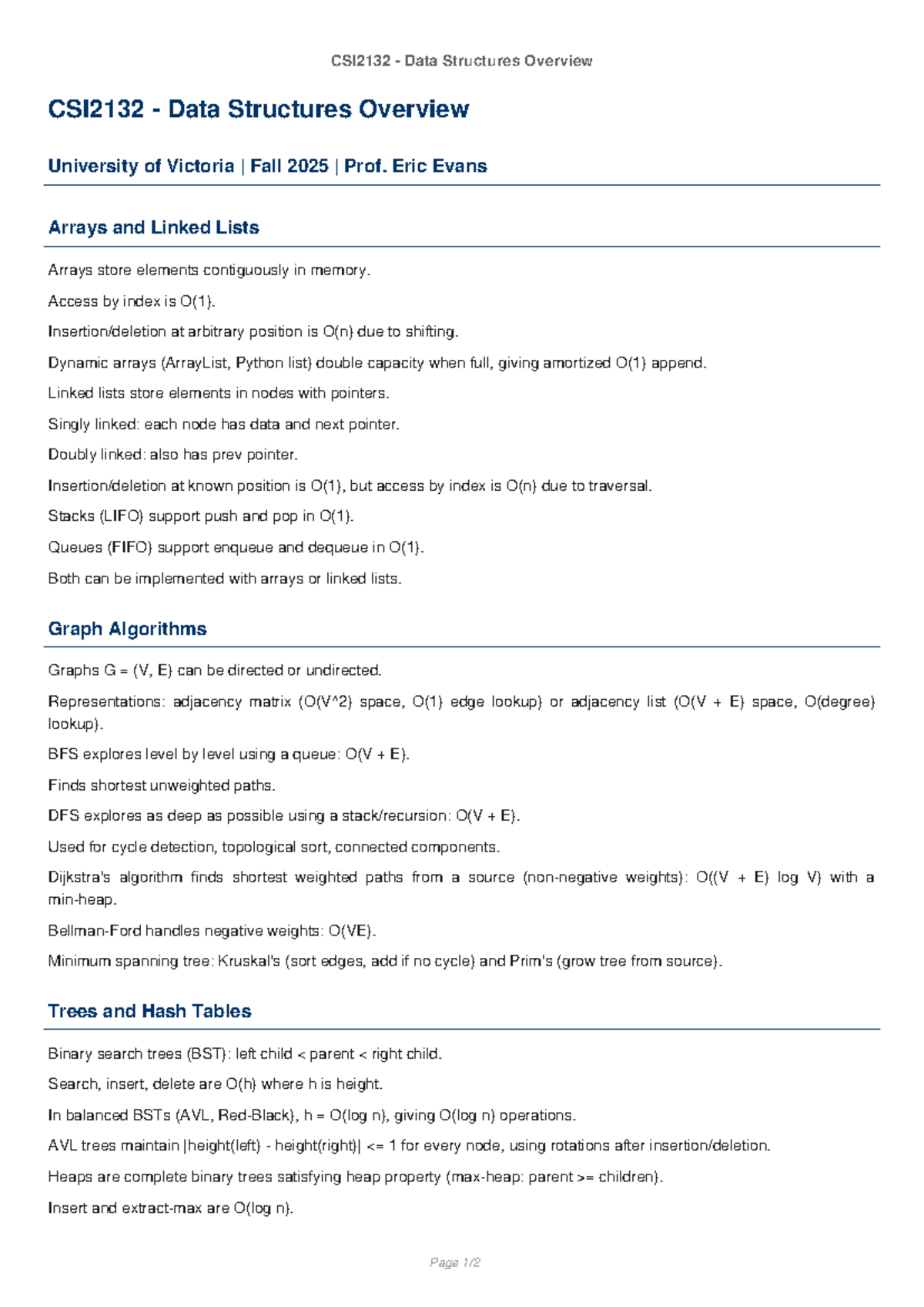 CSI2132 Final Exam Study Notes: Data Structures Overview - Studocu