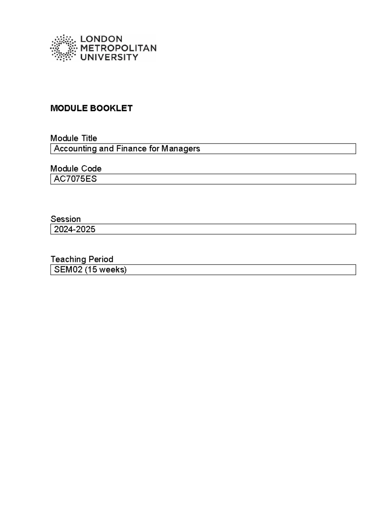 AC7075ES SEM 02 Module Booklet: Accounting & Finance for Managers - Studocu