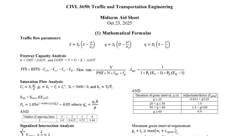 CIVL 3650: Traffic and Transportation Engineering Midterm Aid Sheet - Studocu