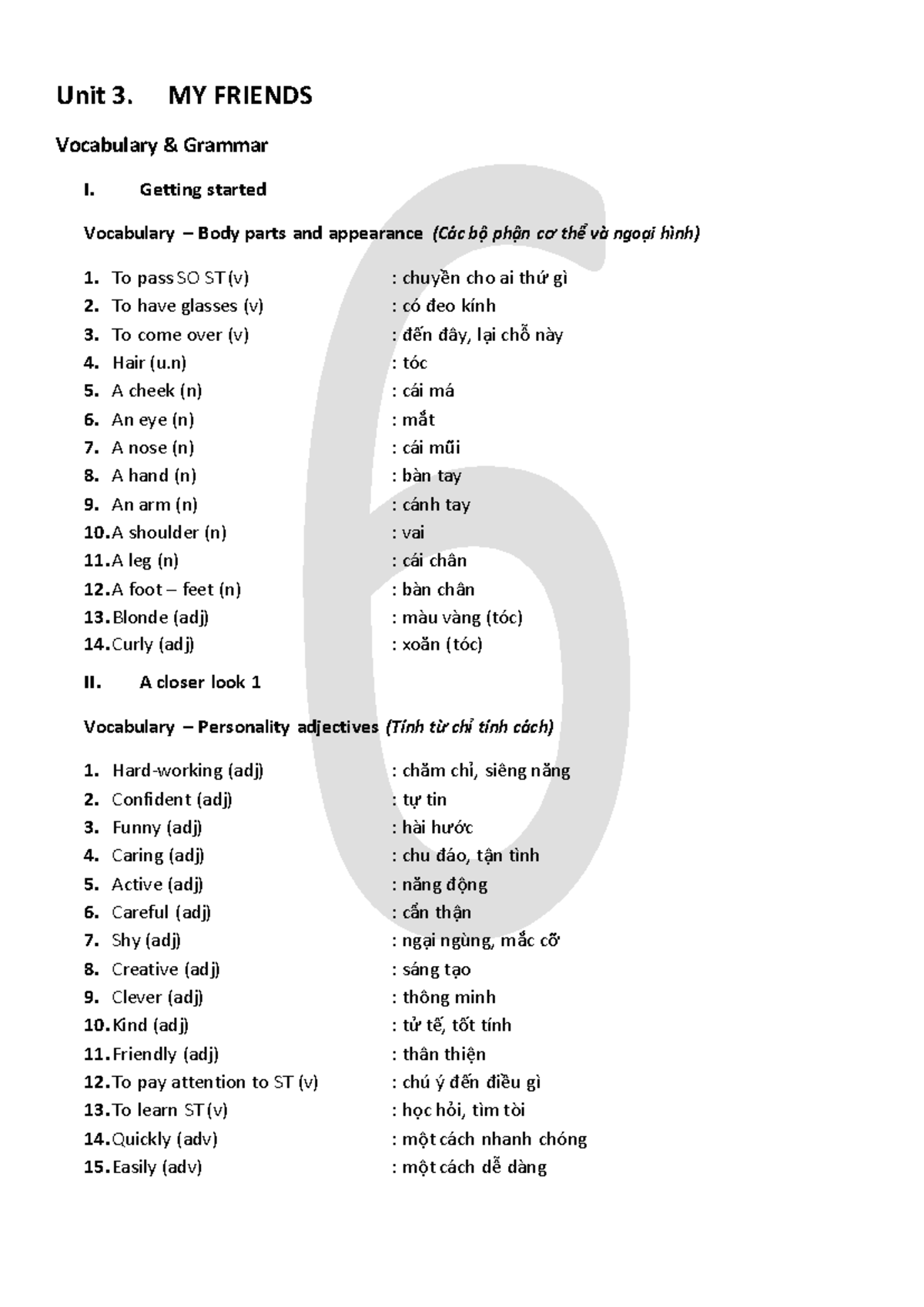 Unit 3. My Friends: Vocabulary & Grammar Overview - Studocu