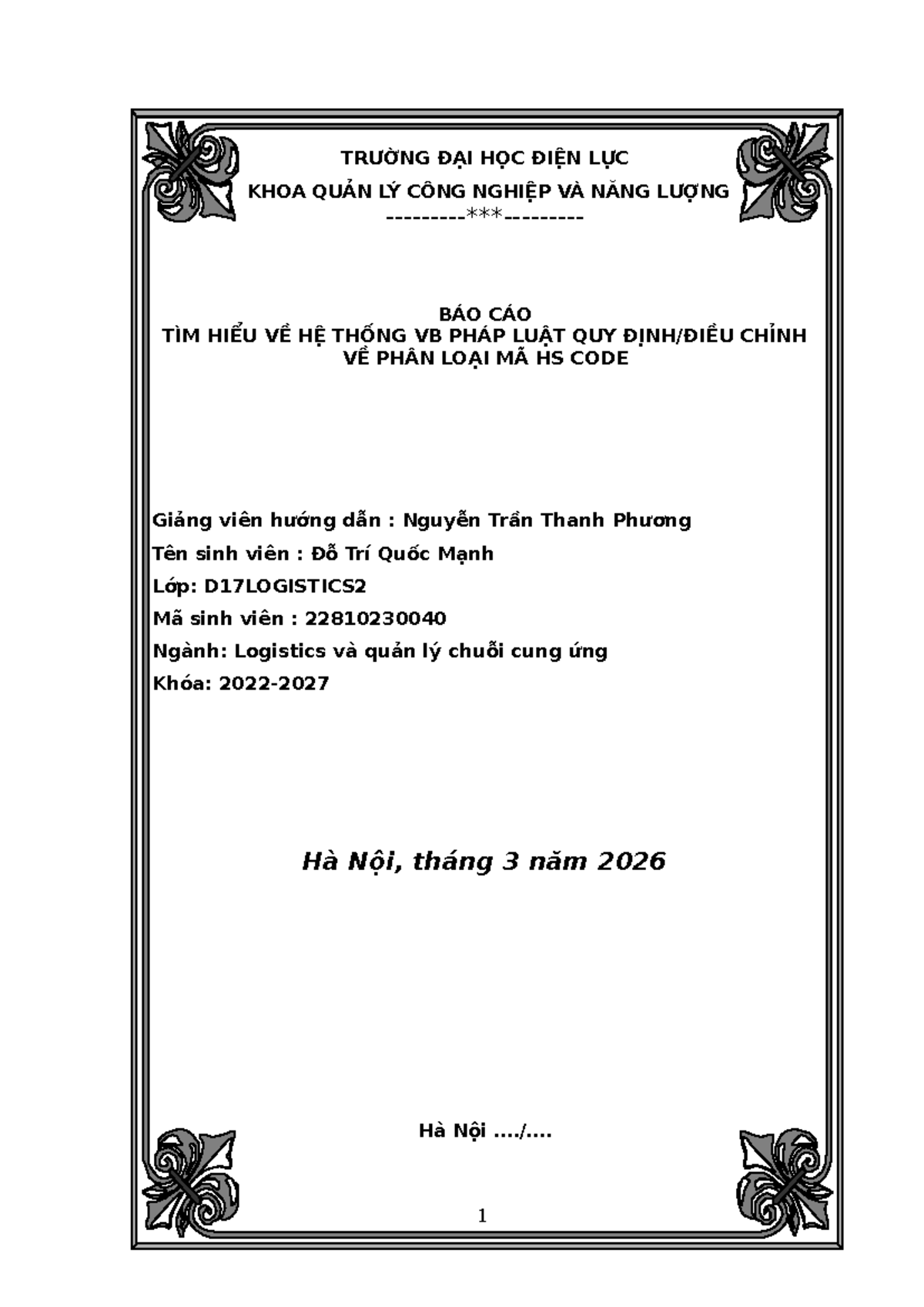 BÁO CÁO THỰC TẬP NHẬN THỨC VỀ HỆ THỐNG MÃ HS CODE - D17LOGISTICS2 - Studocu