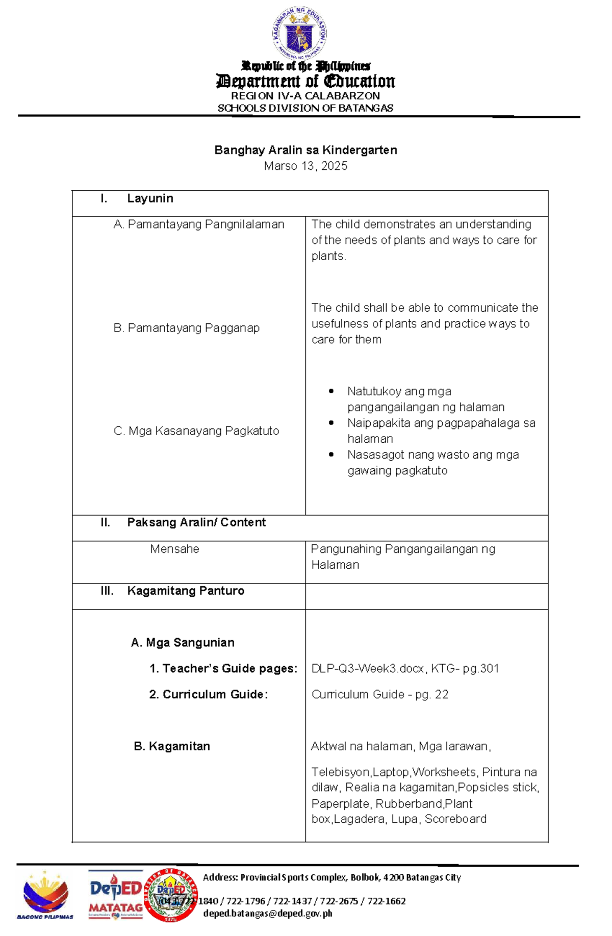 Banghay Aralin sa Kindergarten: Pangangailangan ng Halaman (Marso 2025 ...