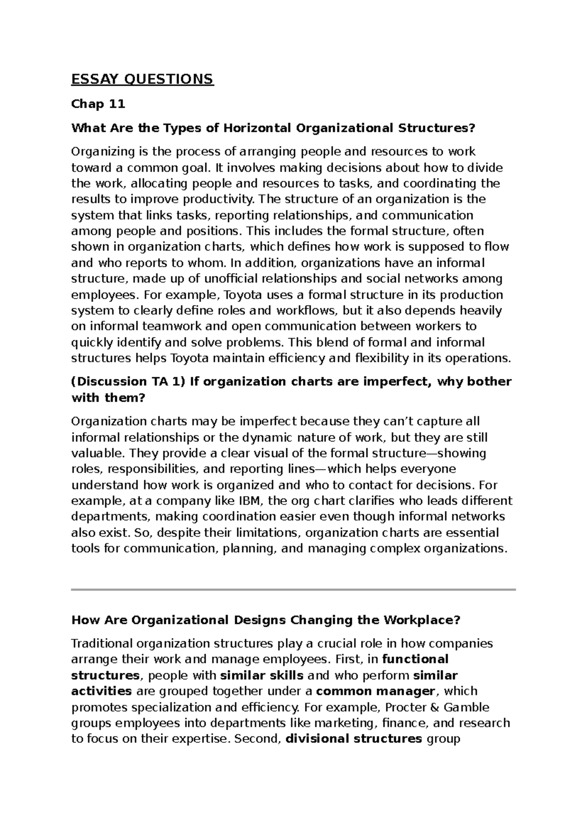 Essay Questions - POM: Types of Horizontal Organizational Structures ...