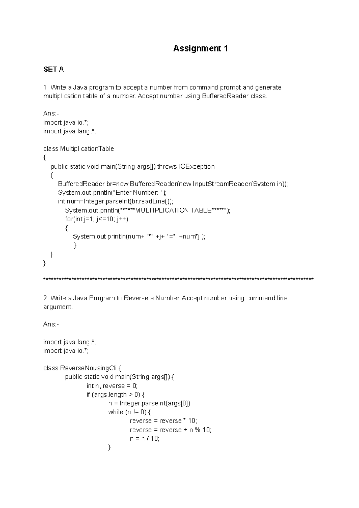 TYBCA Java Labbook Answers - Assignment 1 SET A Write a Java program to ...