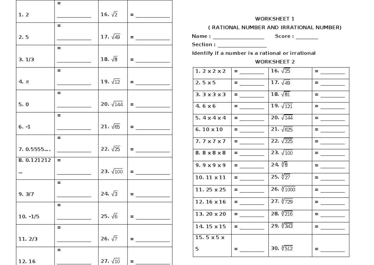 Rational and Irrational Numbers Worksheets (Math 101) - Studocu