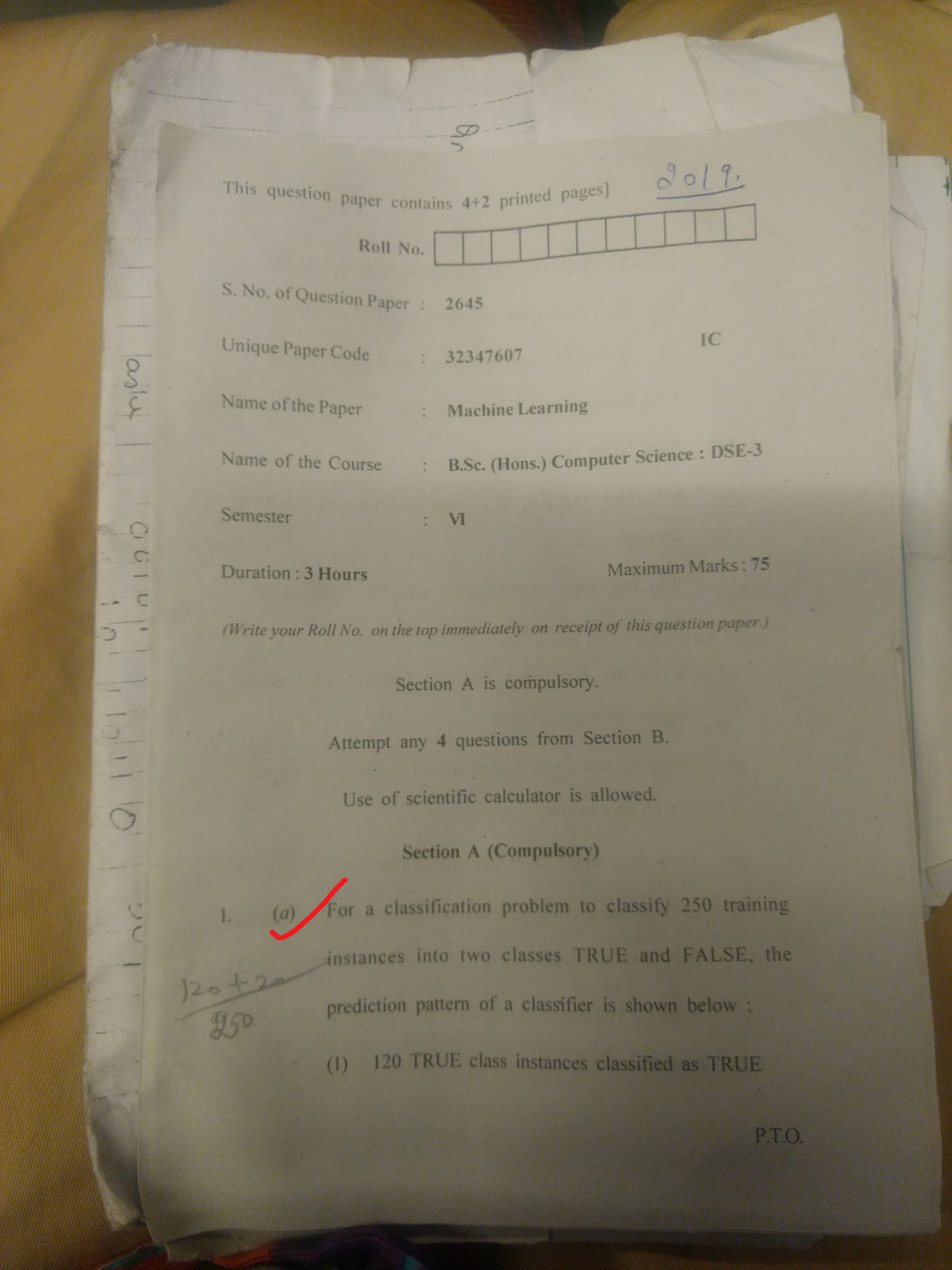 B.Sc. (Hons.) CS VI: Machine Learning 2019 Question Paper (Code: 2645 ...