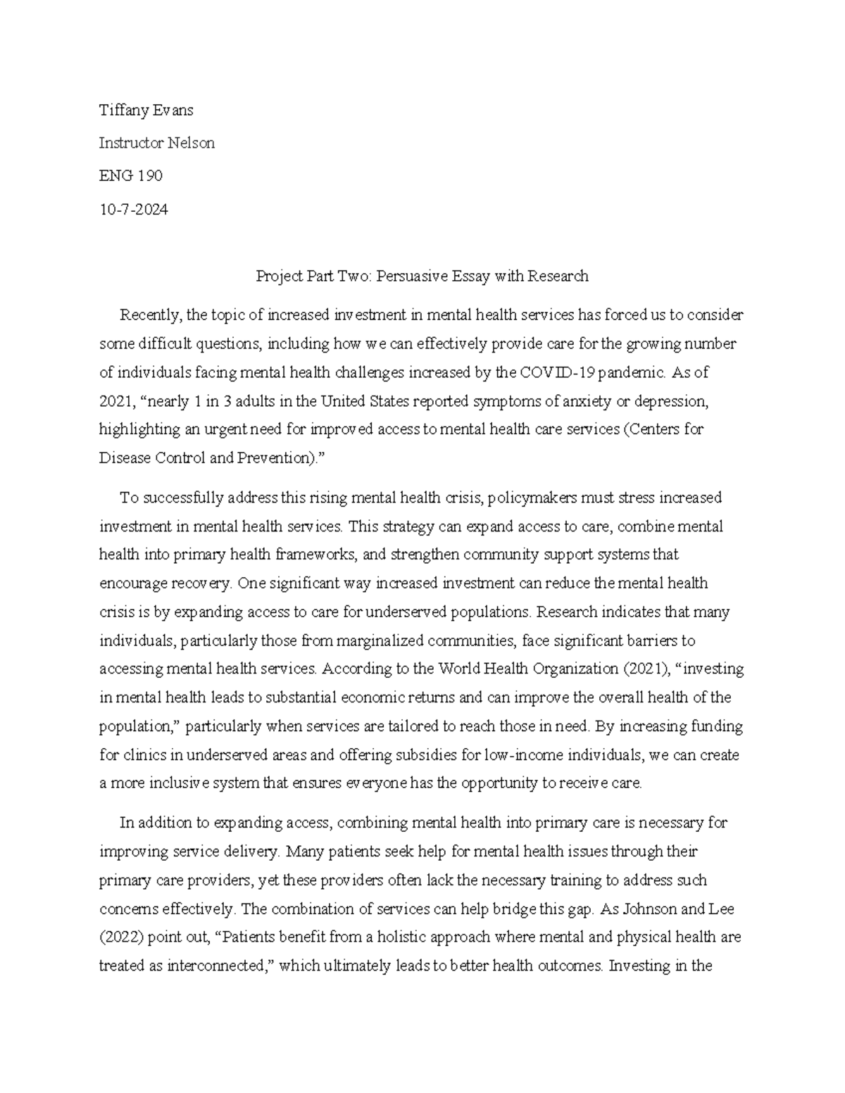 ENG 190 Final Project: Persuasive Essay on Mental Health Investment ...