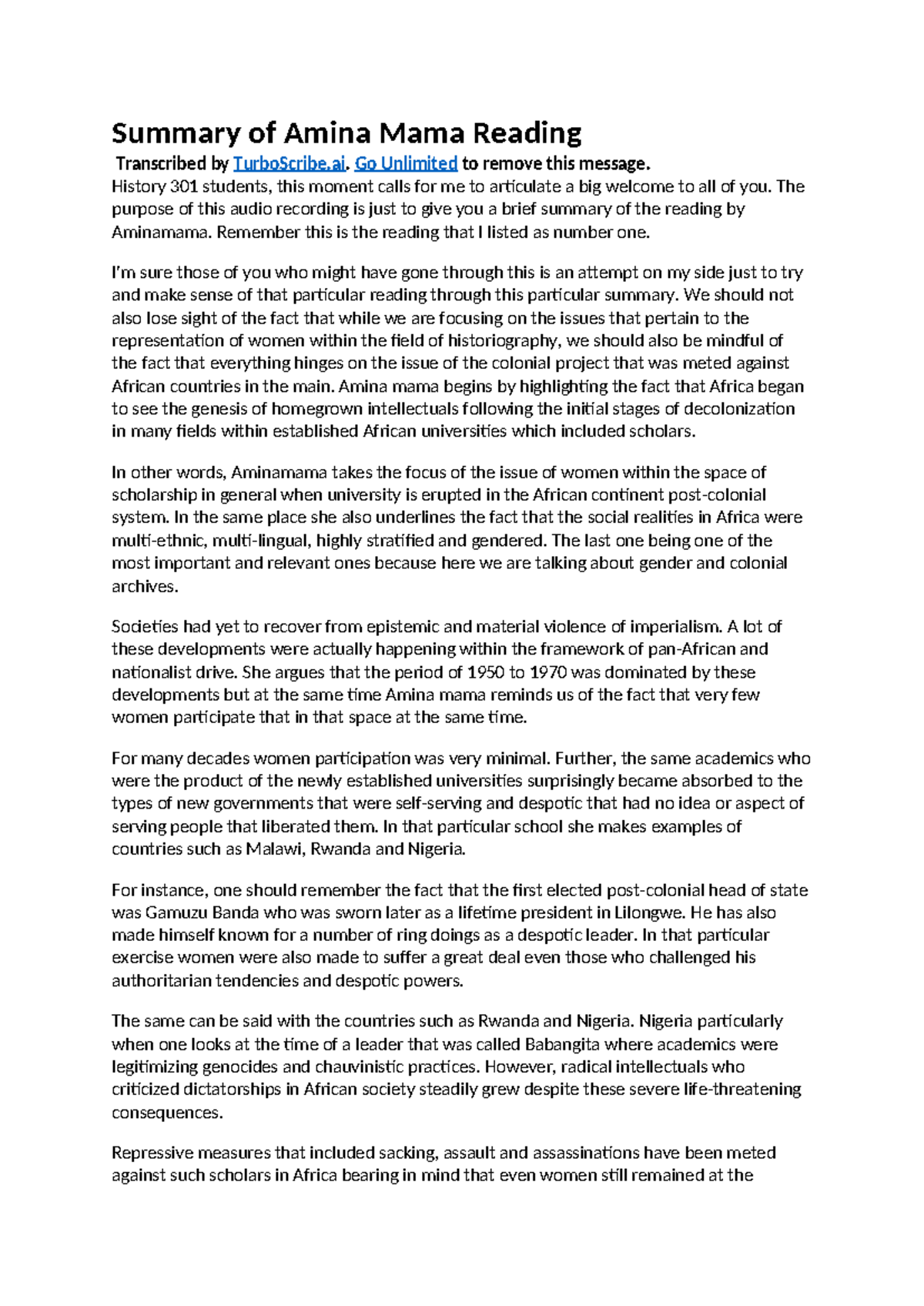 History 301: Summary of Amina Mama's Insights on Gender & Colonialism ...
