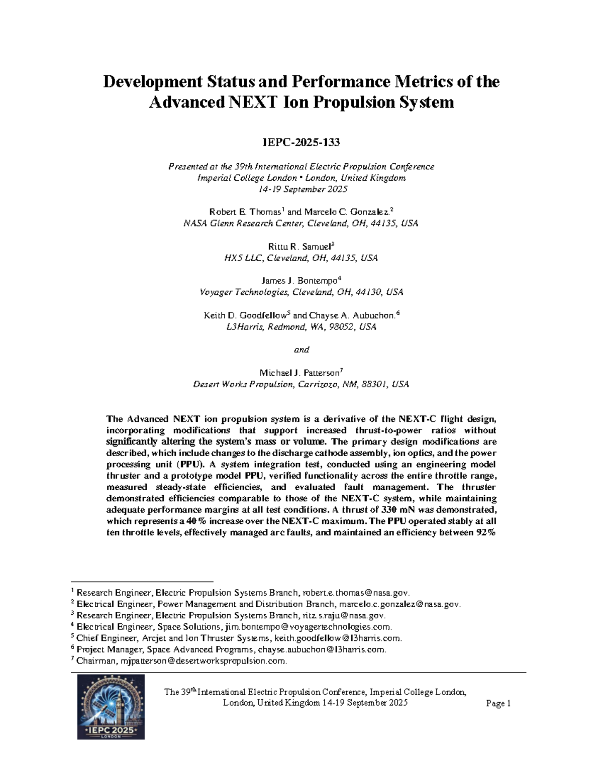 IEPC 2025: Advancements in the NEXT Ion Propulsion System Performance ...