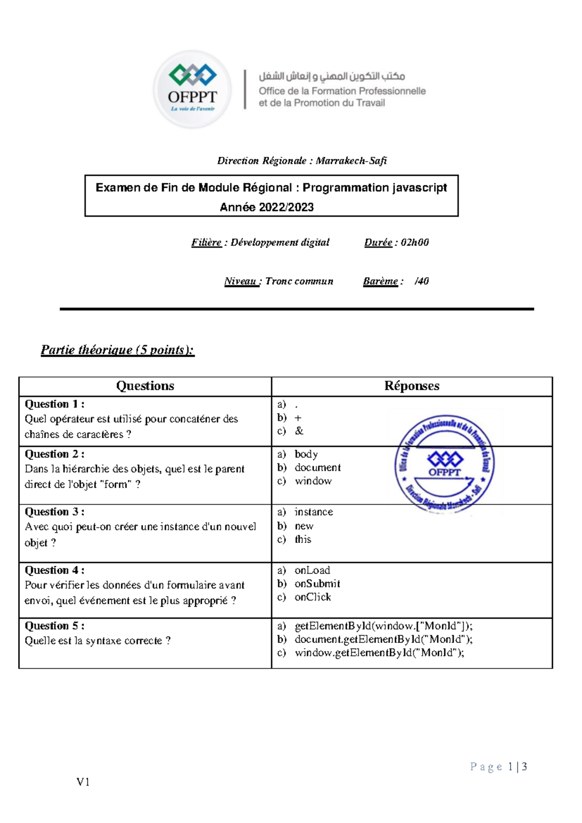 Examen de Fin de Module Régional EFM JS : Programmation JavaScript 2022 - Studocu