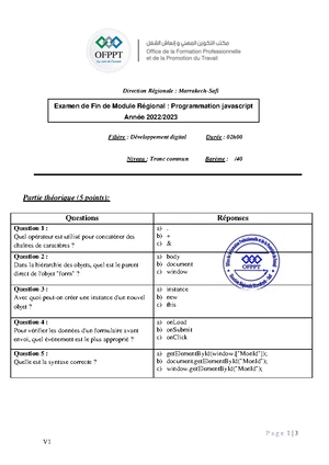 Examen de Fin de Module Régional EFM JS : Programmation JavaScript 2022 - Studocu