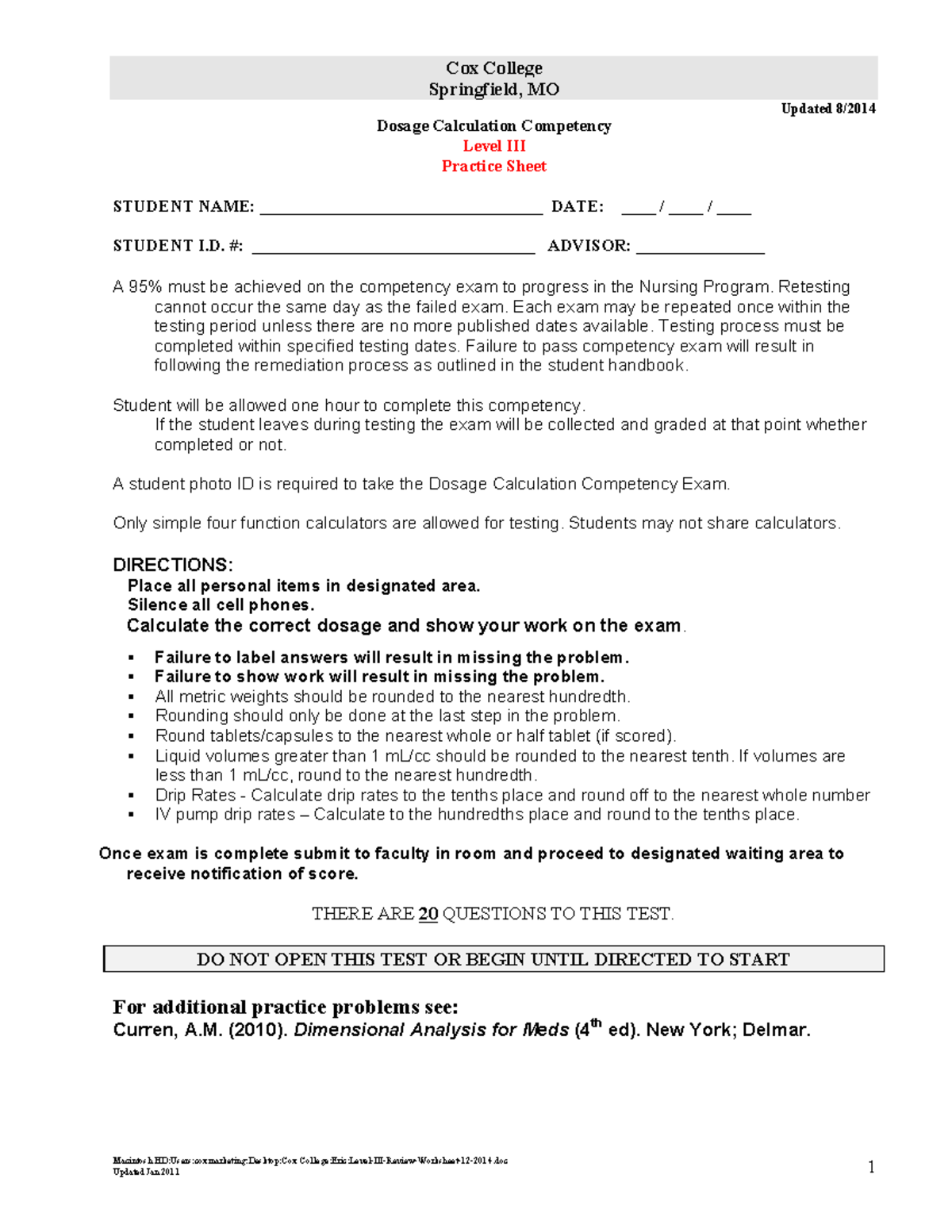 Cox College Springfield, MO Dosage Calculation Competency Level IV ...