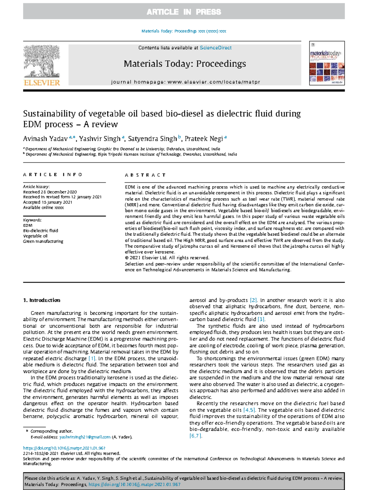 Sustainability of Vegetable Oil Dielectric Fluids in EDM Process (ME ...
