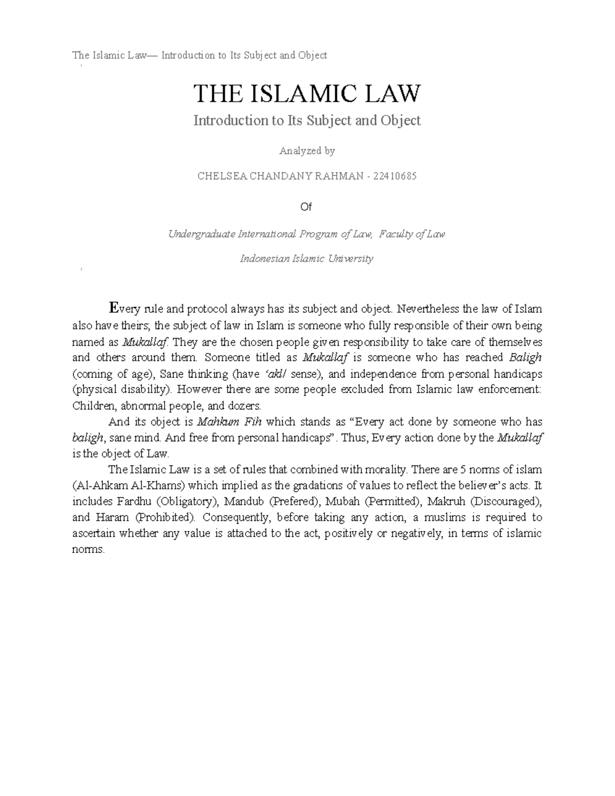 Introduction to Islamic Law - The Islamic Law— Introduction to Its Subject and Object THE ...