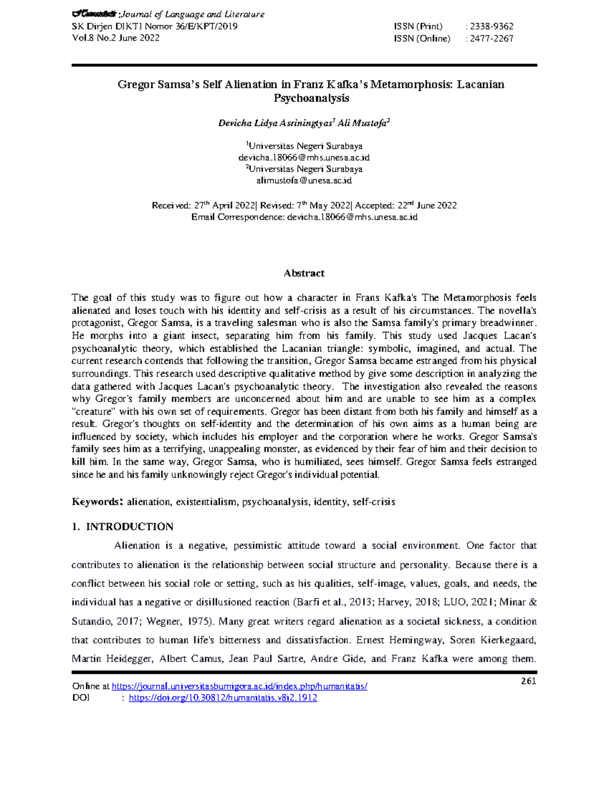 Gregor Samsa's Self-Alienation in Kafka's Metamorphosis: A Lacanian ...