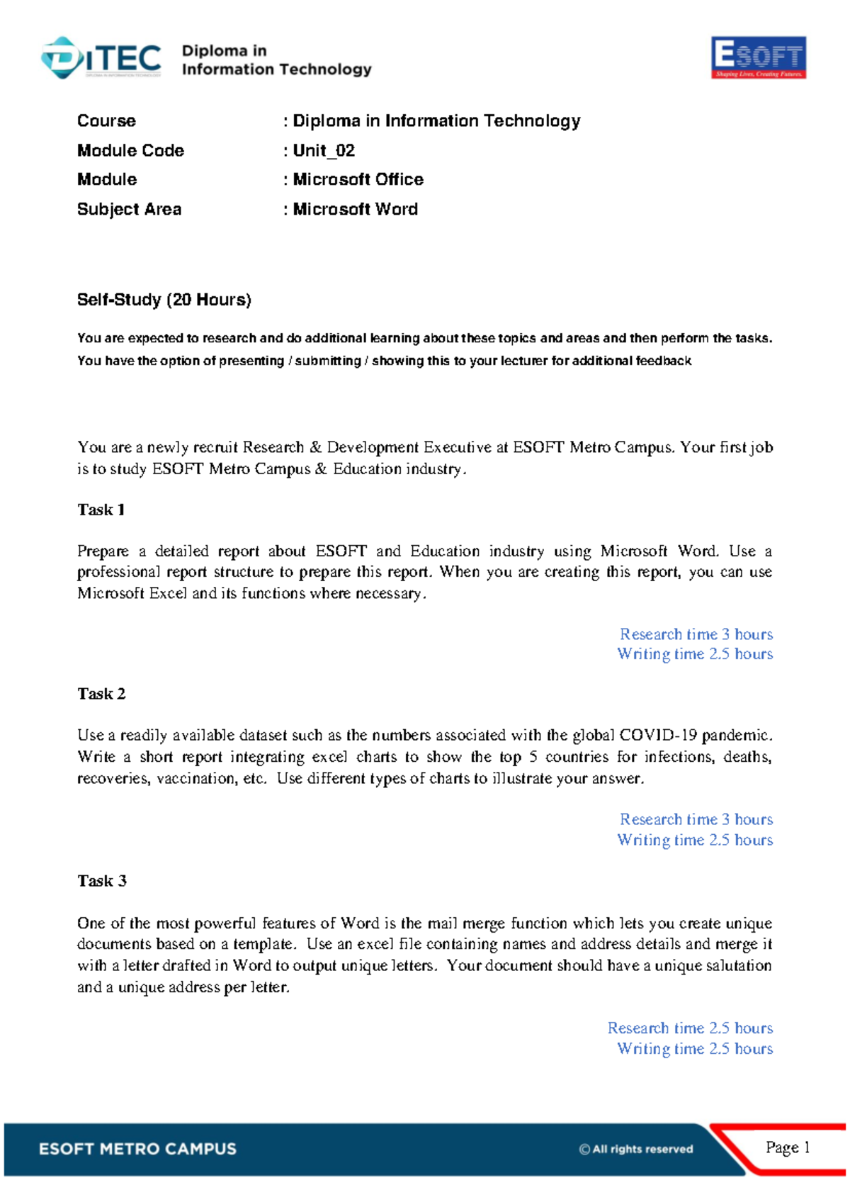 Diploma in IT Unit: Self-Study on Microsoft Word (20 Hours) - Studocu