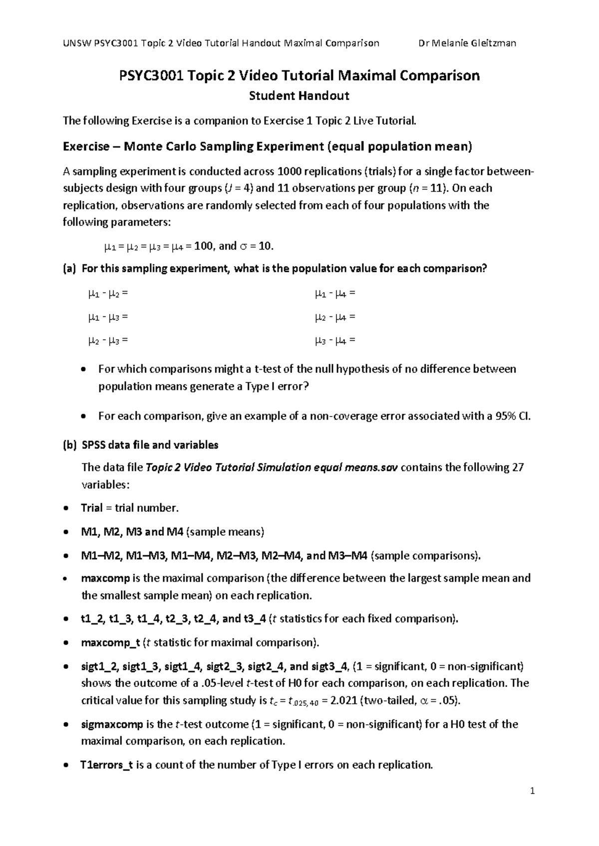 UNSW PSYC3001 Topic 2 Video Tutorial Handout: Maximal Comparison - Studocu