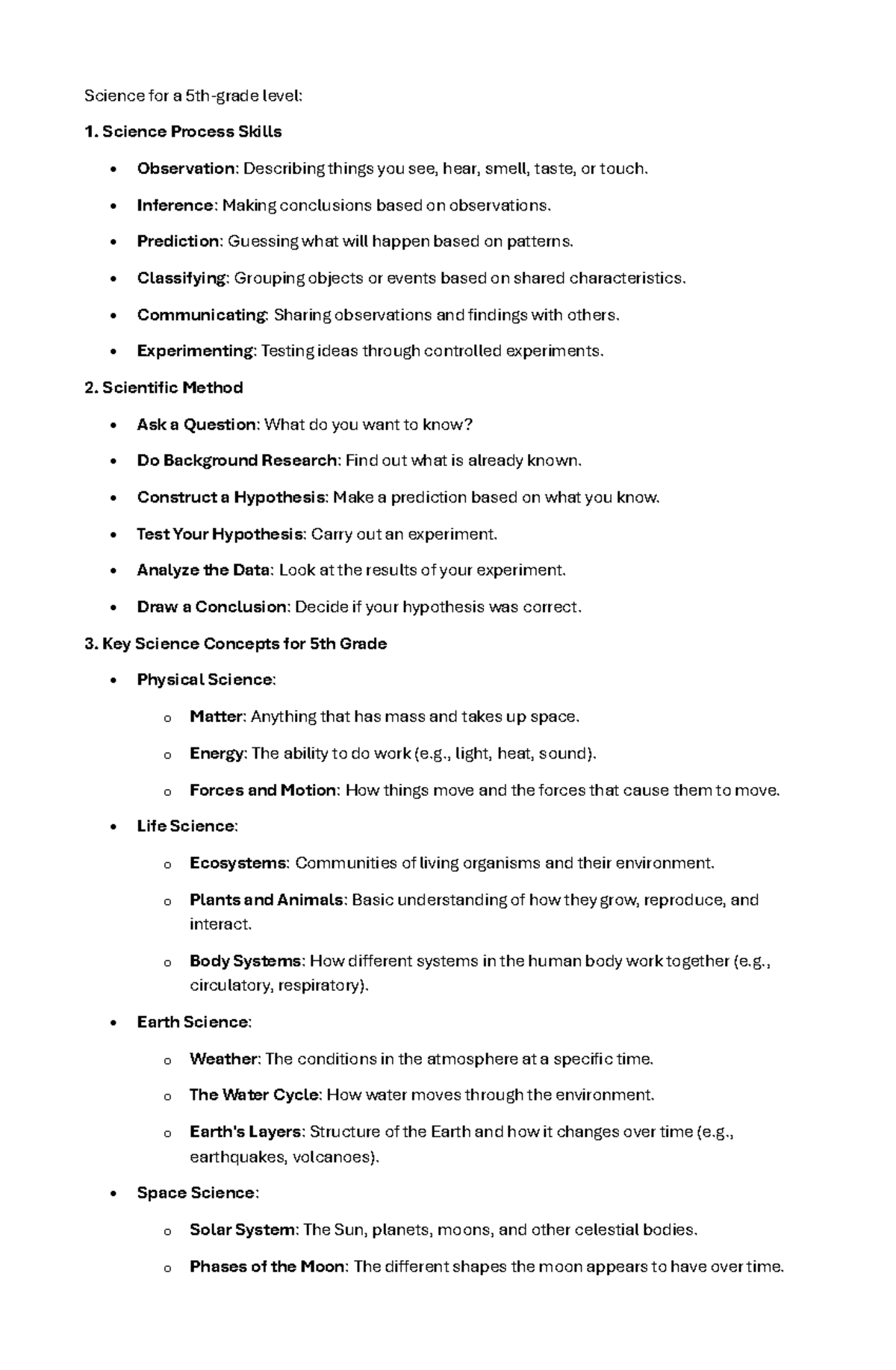 5th Grade Science Concepts and Skills: Key Processes & Topics - Studocu