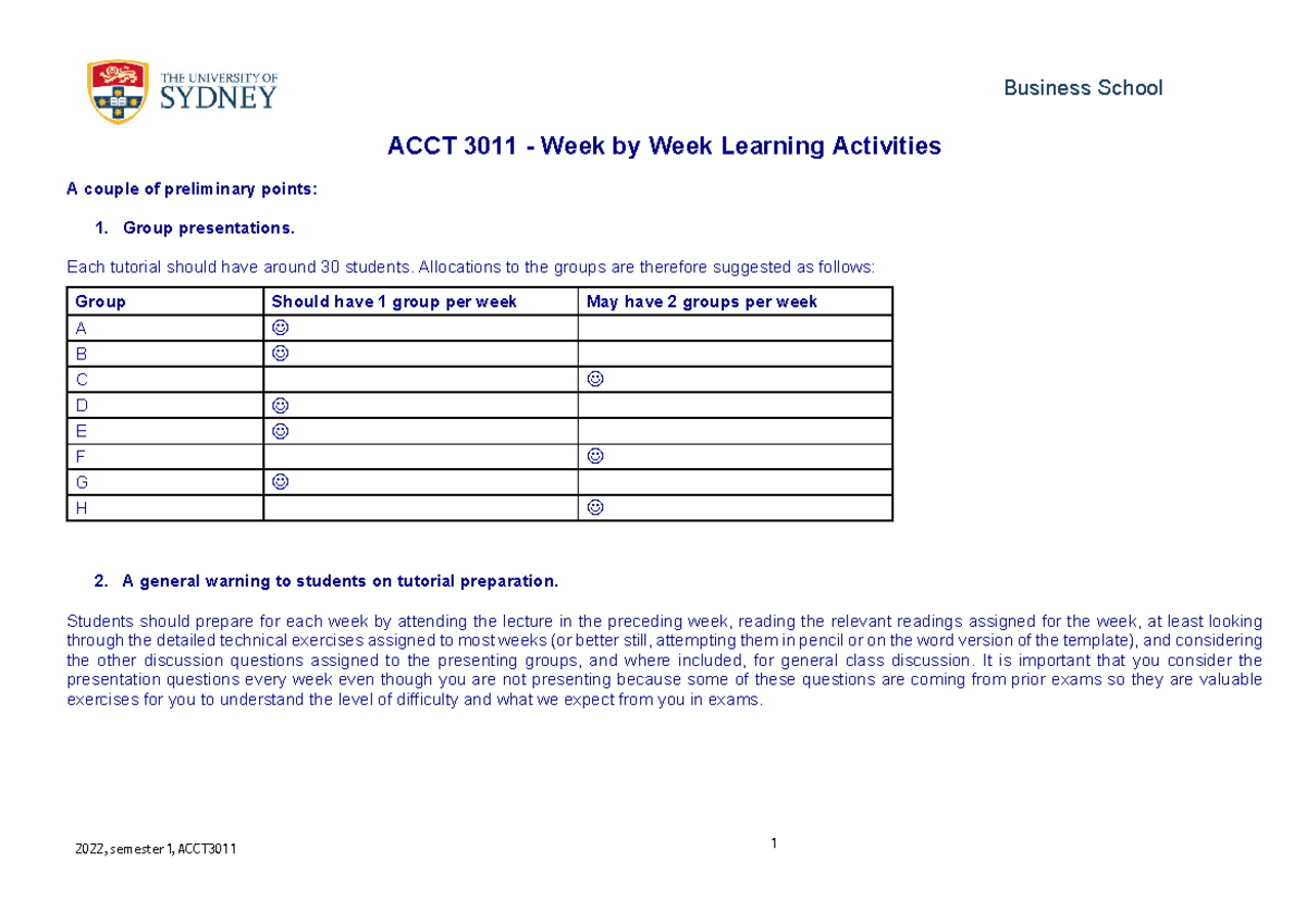 ACCT3011 S12022 Week by Week Learning Activities - ACCT 3011 - Week by ...