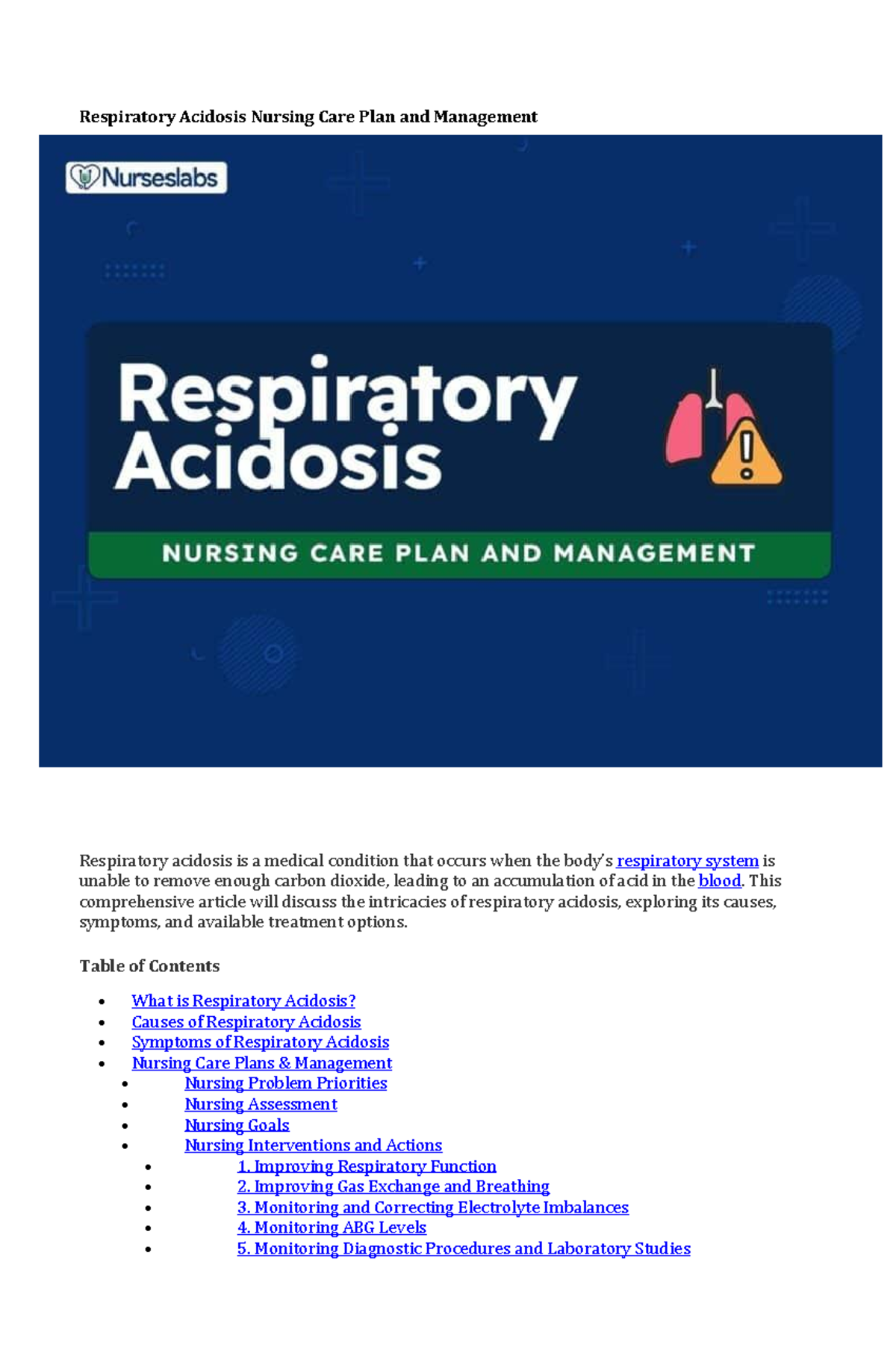 Nursing Care Plan for Respiratory Acidosis Management (NUR 301) - Studocu