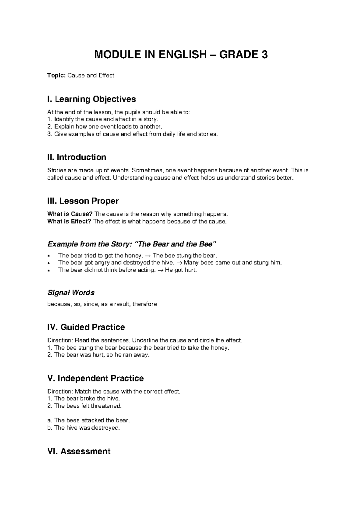 Cause and Effect Module for English Grade 3 - Studocu