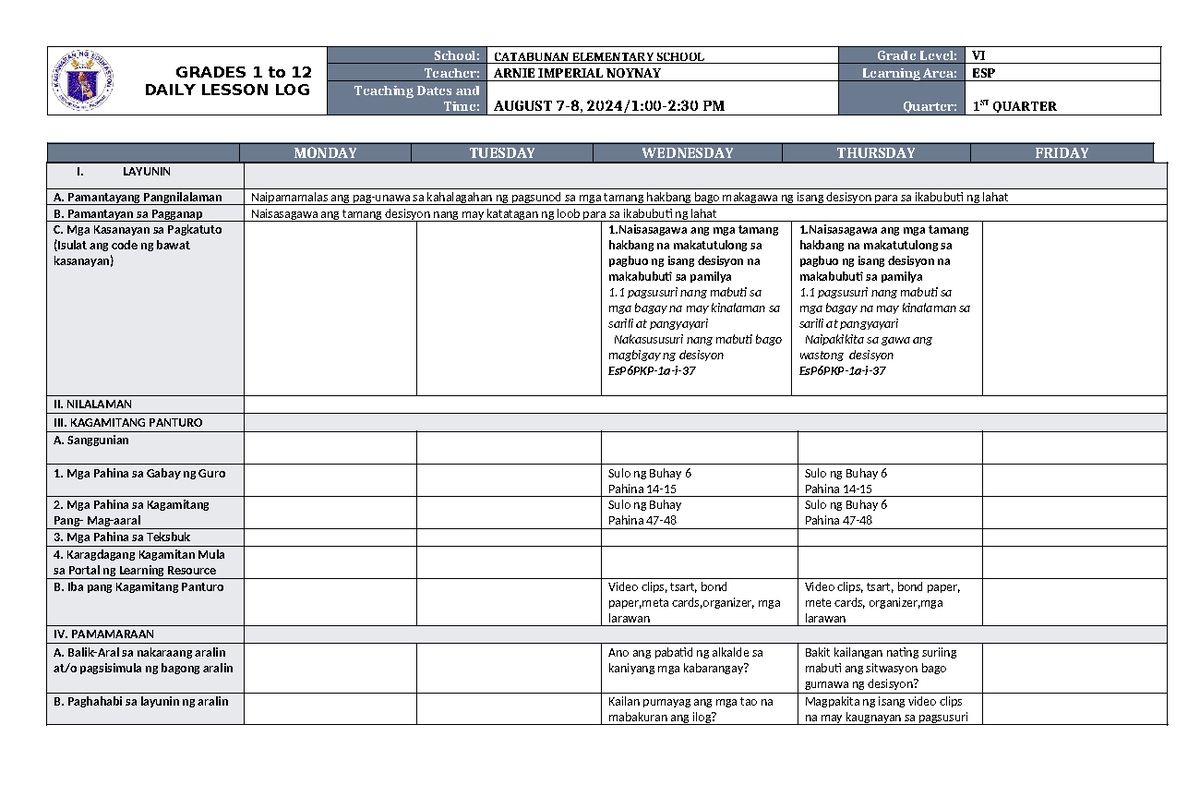 DLL ESP 6 Q1 W2 - Daily Lesson Log for Grade VI - Studocu