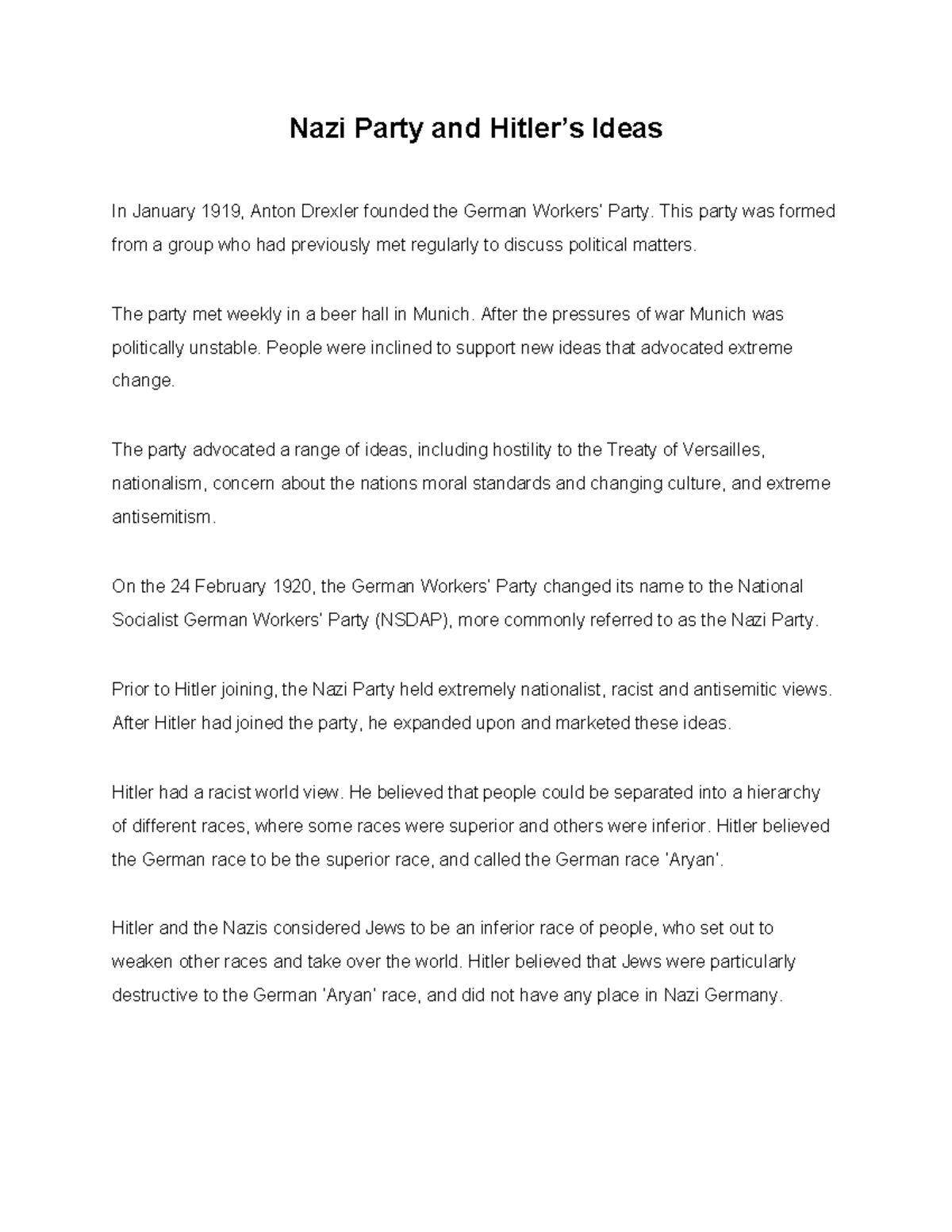 Nazi Party Ideologies and Hitler's Vision: A Historical Overview - Studocu