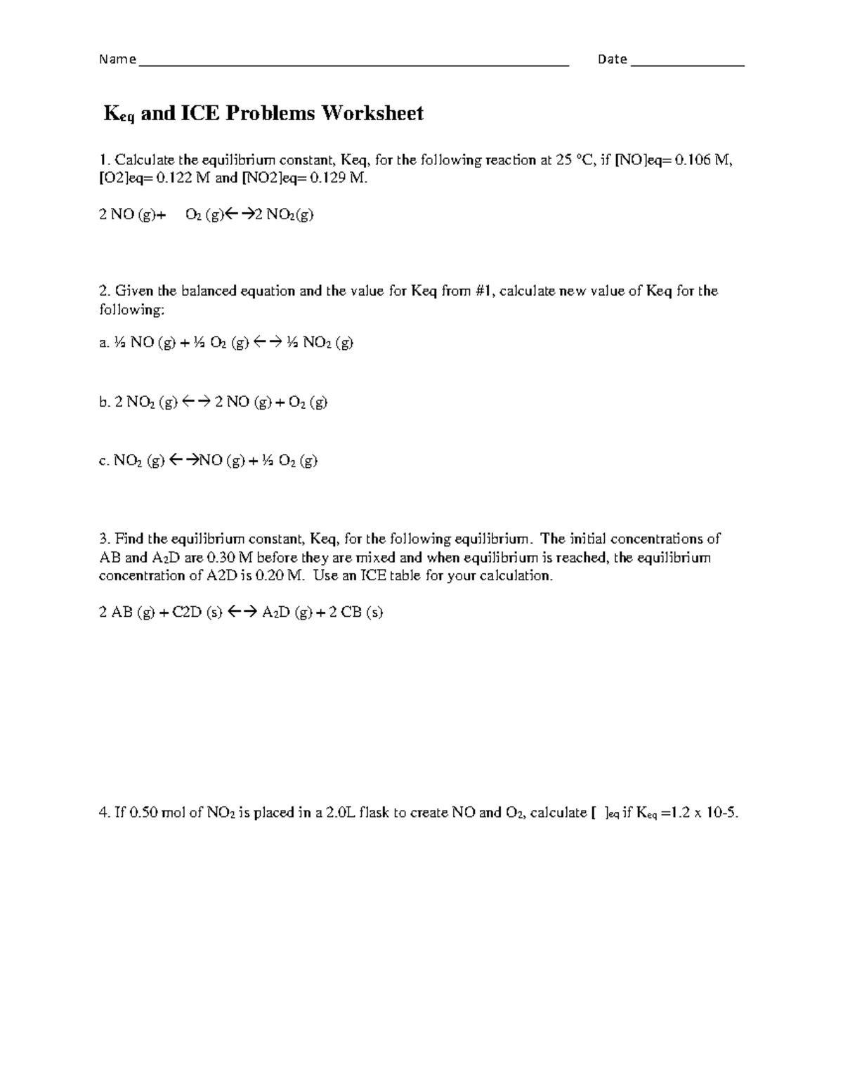 ICE Worksheet 3: Keq Calculations and Problems - Studocu