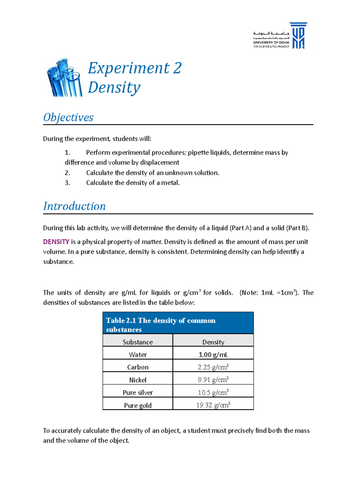 CHEM1011 Lab 02: Instructions for Density Experiment - Studocu