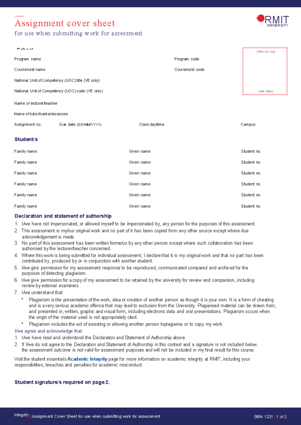 RMIT Assignment Cover Sheet for Submission (Course Code: 0984) - Studocu