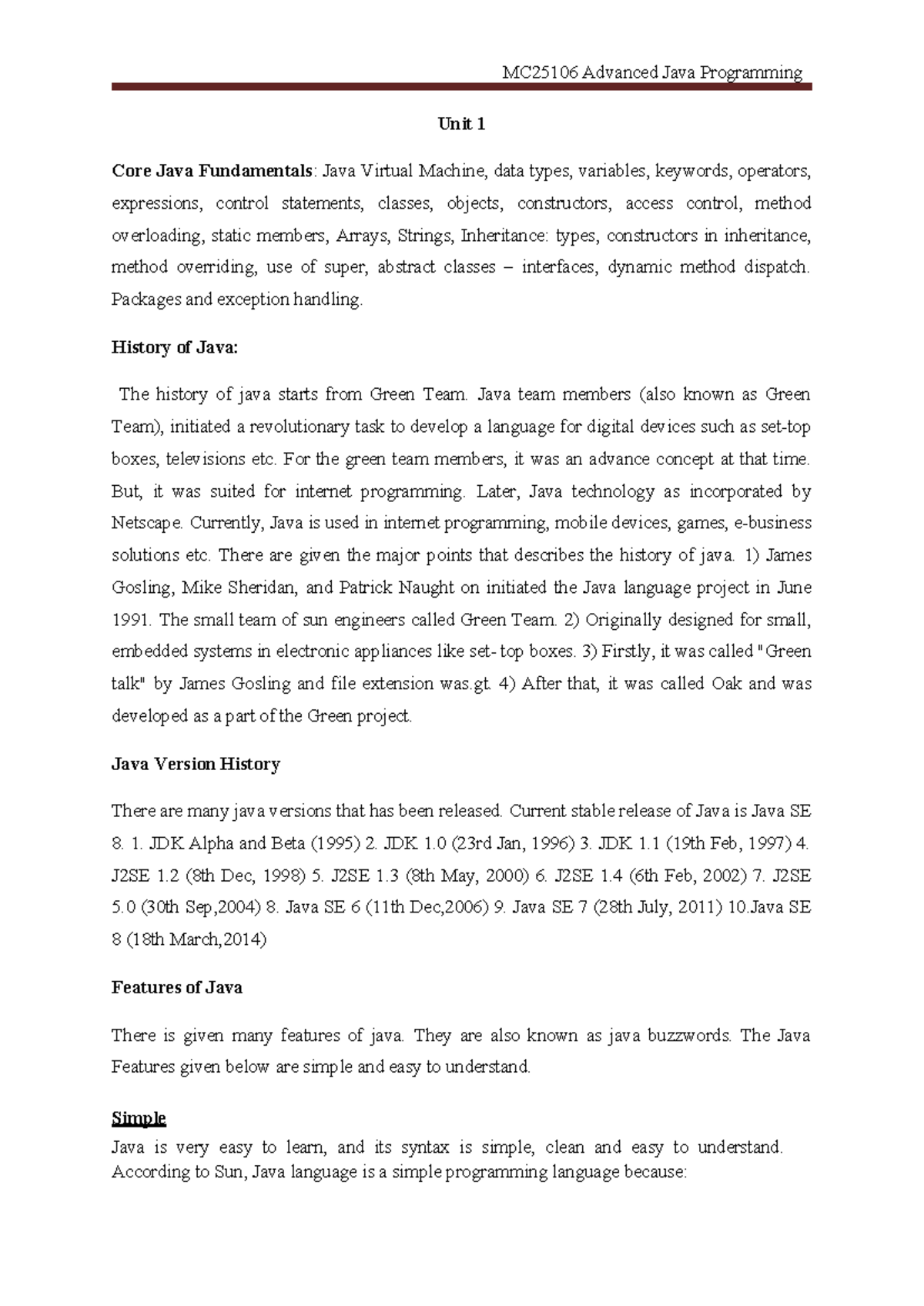 MC25106 Advanced Java Programming Unit 1: Core Java Fundamentals - Studocu
