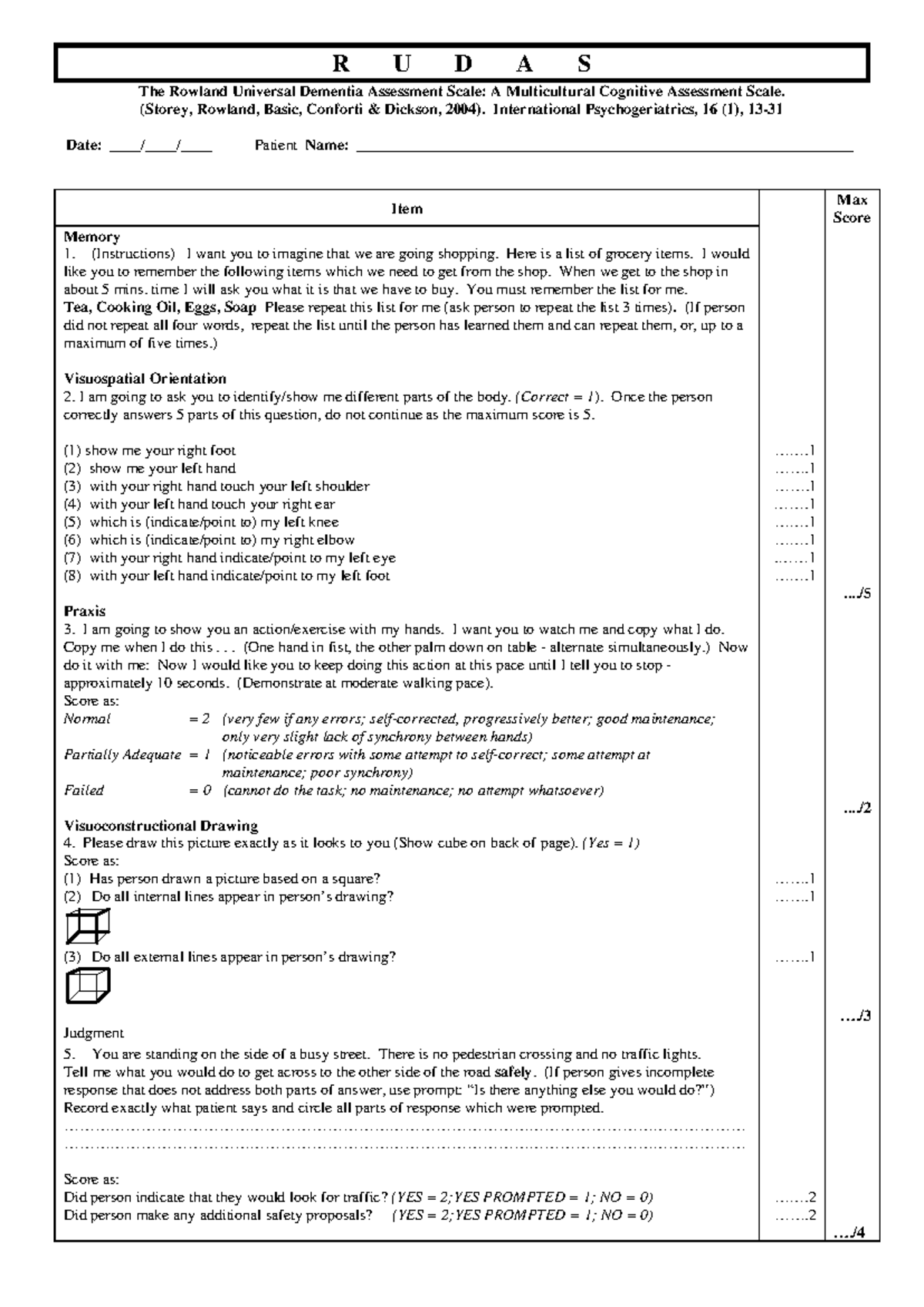 RUDAS Scoring Sheet: The Rowland Universal Dementia Assessment Scale ...