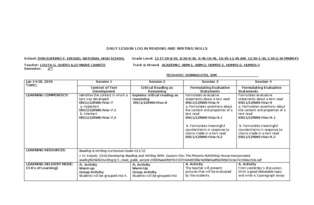Lesson Plan for Reading and Writing - DAILY LESSON LOG IN READING AND ...