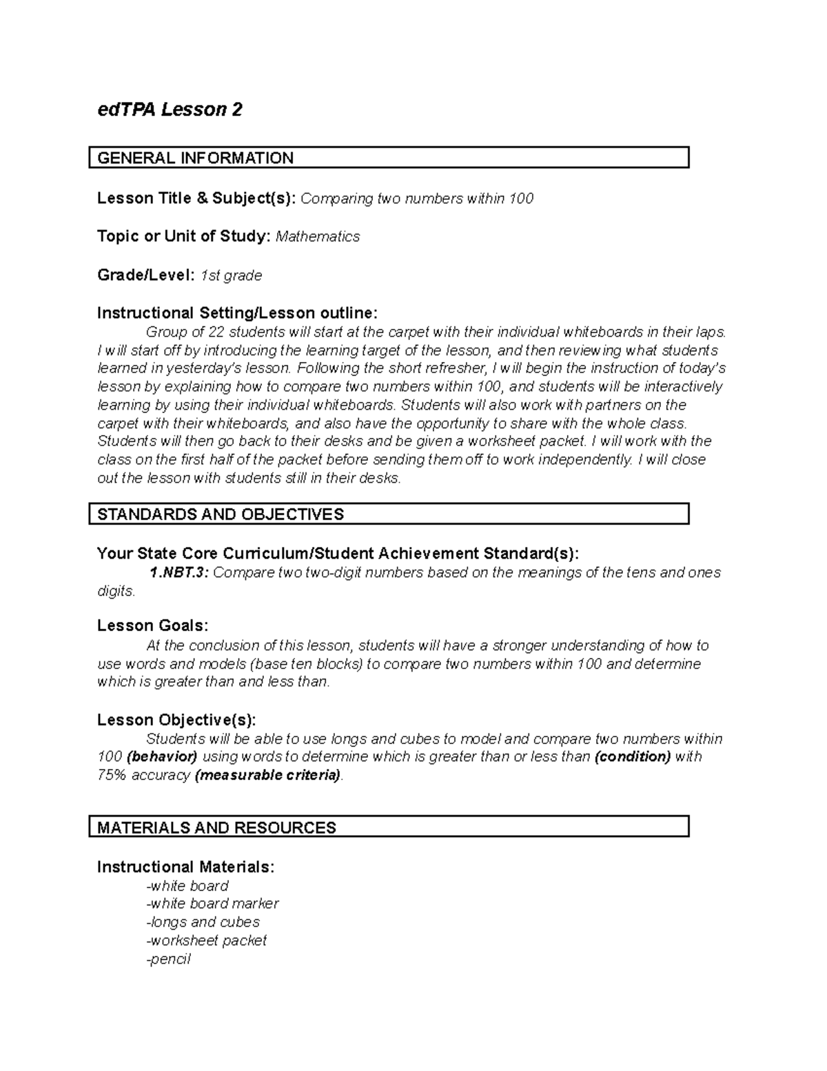 7.2 ed TPA lesson plan - edTPA Lesson 2 GENERAL INFORMATION Lesson ...