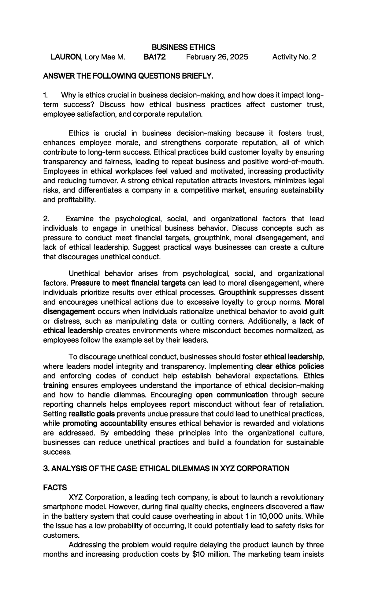 Lauron BA172 Business Ethics - BUSINESS ETHICS LAURON, Lory Mae M. BA ...