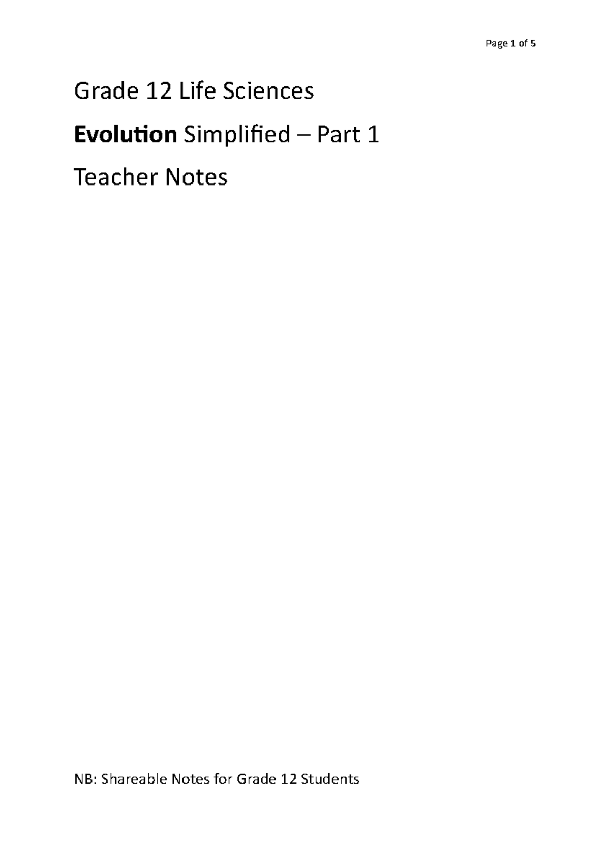 Grade 12 Life Sciences: Evolution Simplified Notes - Part 1 - Studocu