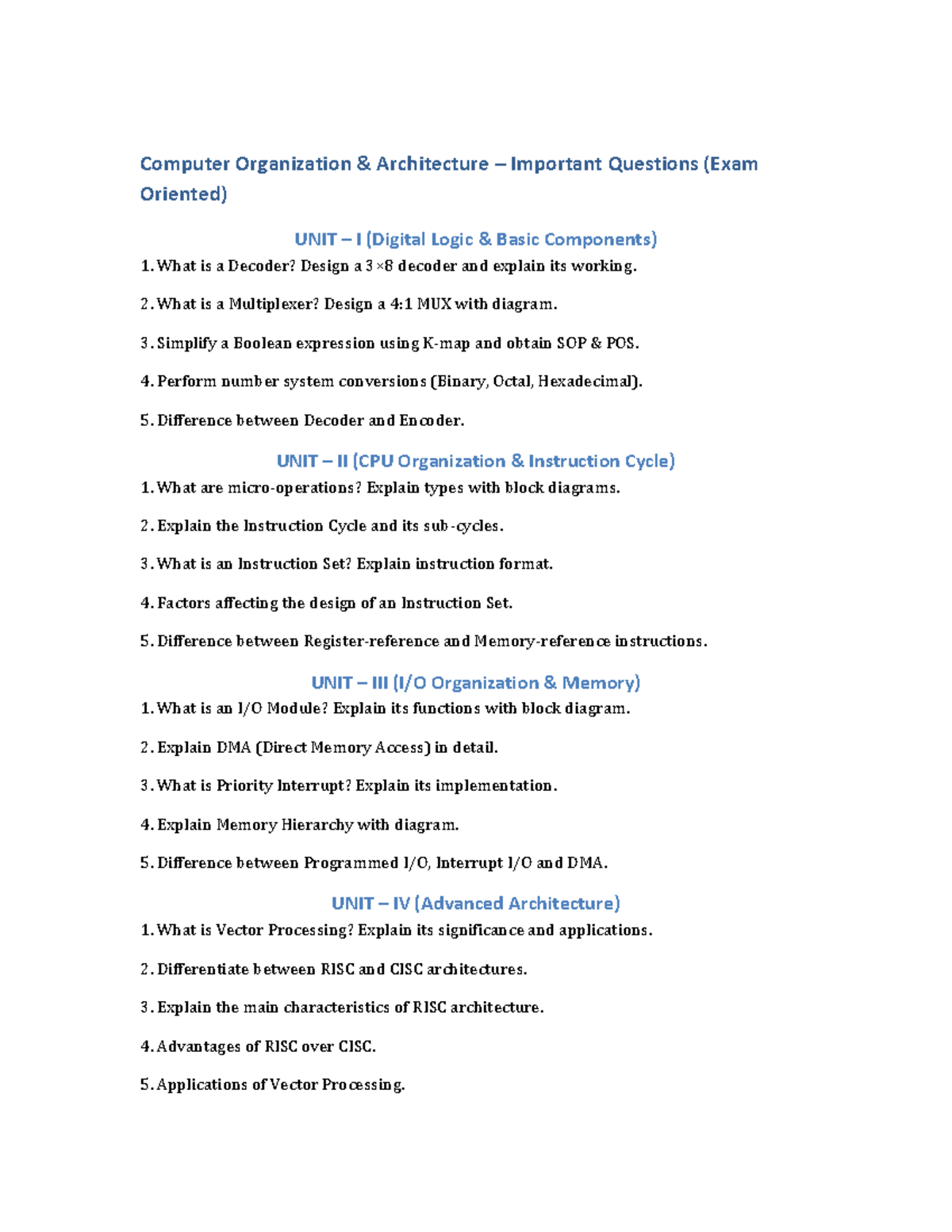 COA Important Questions: Computer Organization Architecture Exam Guide ...