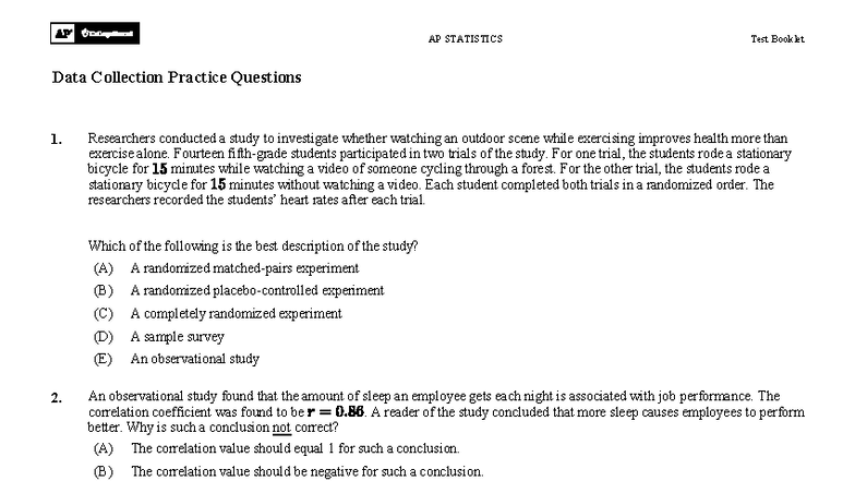 AP STATISTICS Test Booklet: Data Collection Practice Questions - Studocu