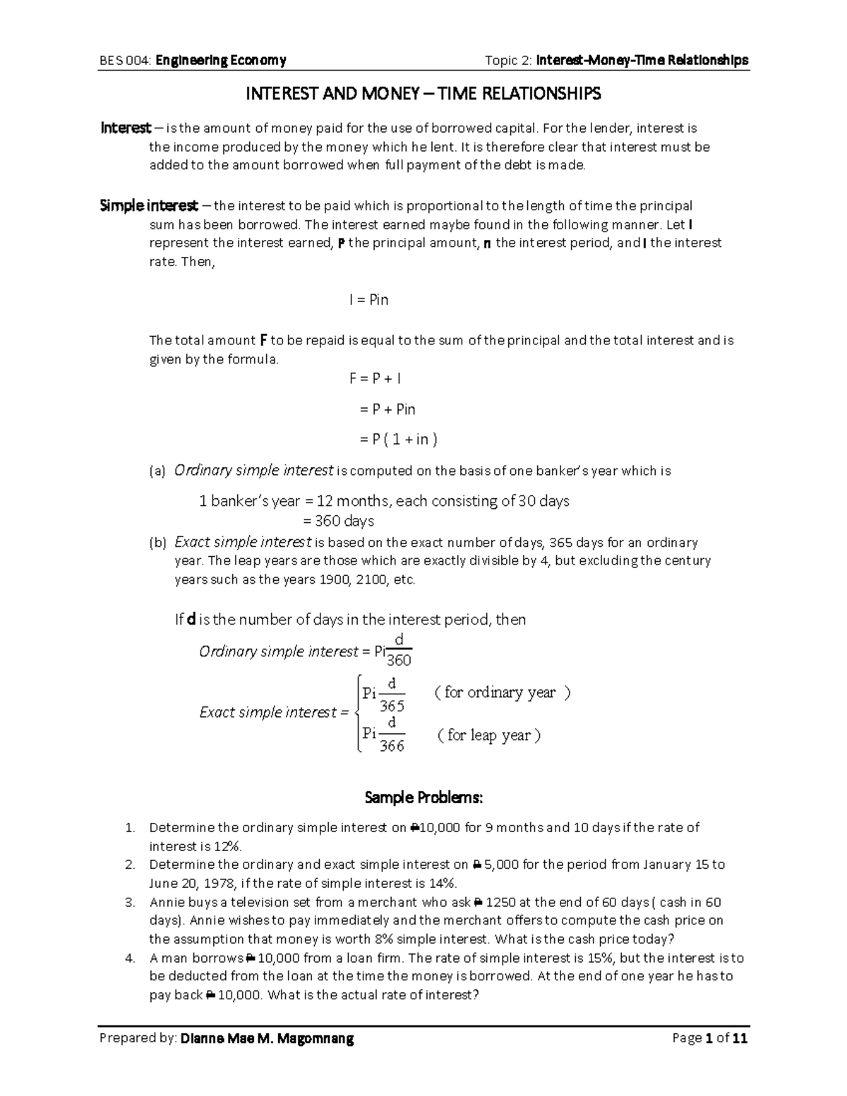 Bes 004 Engineering Economy Chapter 2 Interest Time Relations