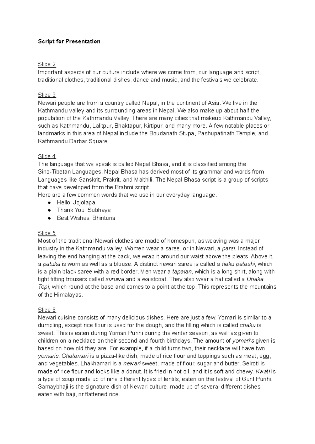 Newari Culture Presentation - Script - Script for Presentation Slide 2 ...