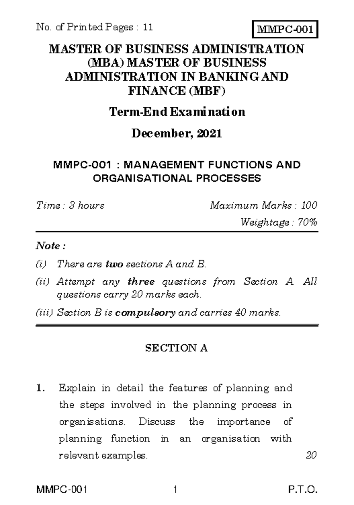 MMPC-001 - Key Questions on Management Functions & Org. Processes - Studocu