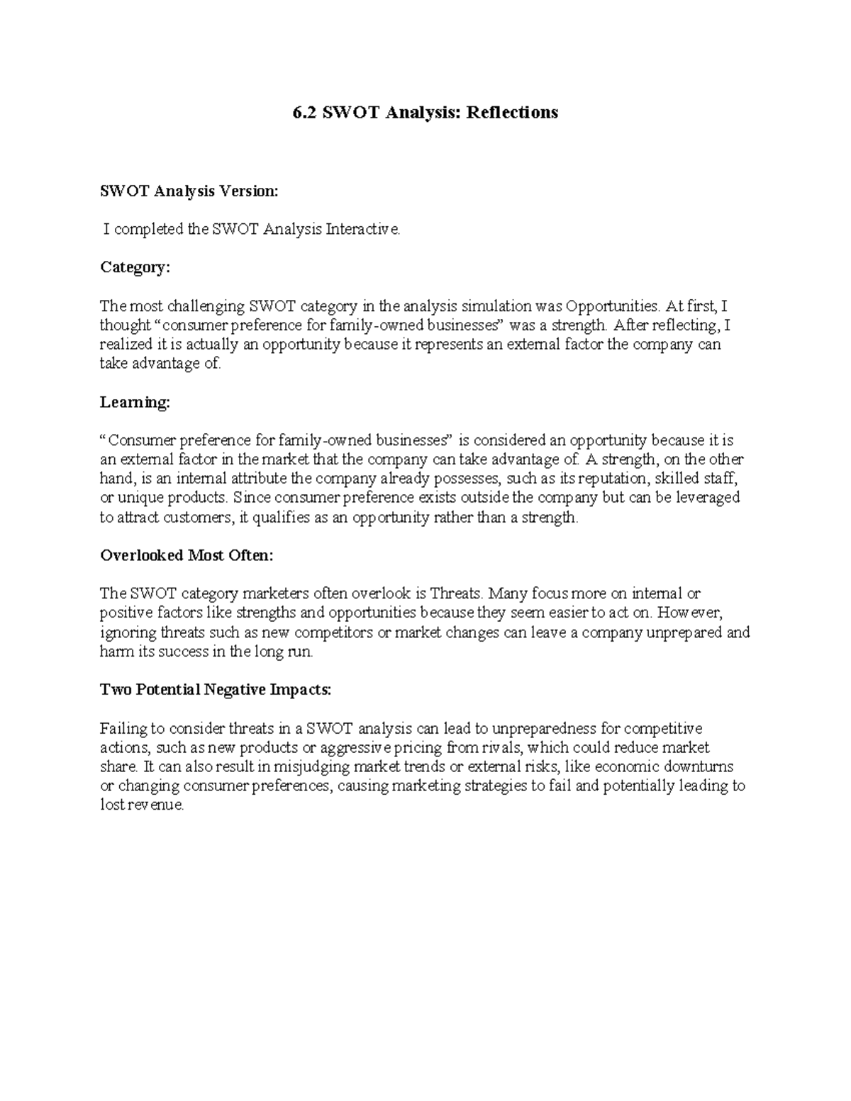 SWOT Analysis Reflections: Opportunities & Threats Insights - Studocu