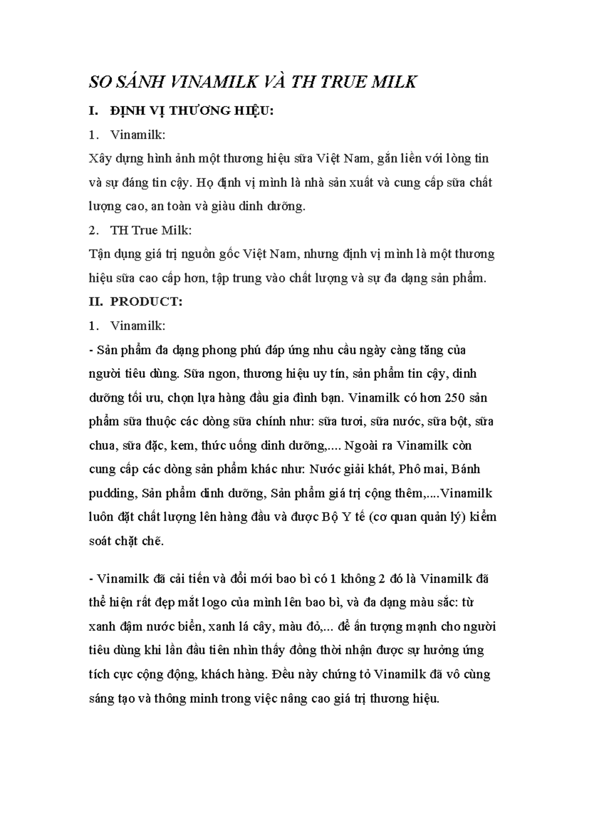 SO SÁNH GIỮA VINAMILK VÀ TH TRUE MILK: PHÂN TÍCH CHI TIẾT - Studocu