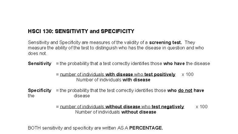 HSCI 130: Extra Practice on Sensitivity & Specificity Calculations ...