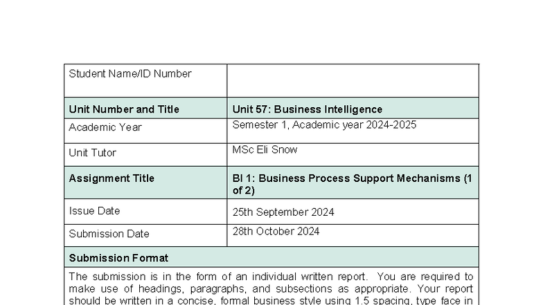 BI 1: Business Process Support Mechanisms - Unit 57 Report - Studocu
