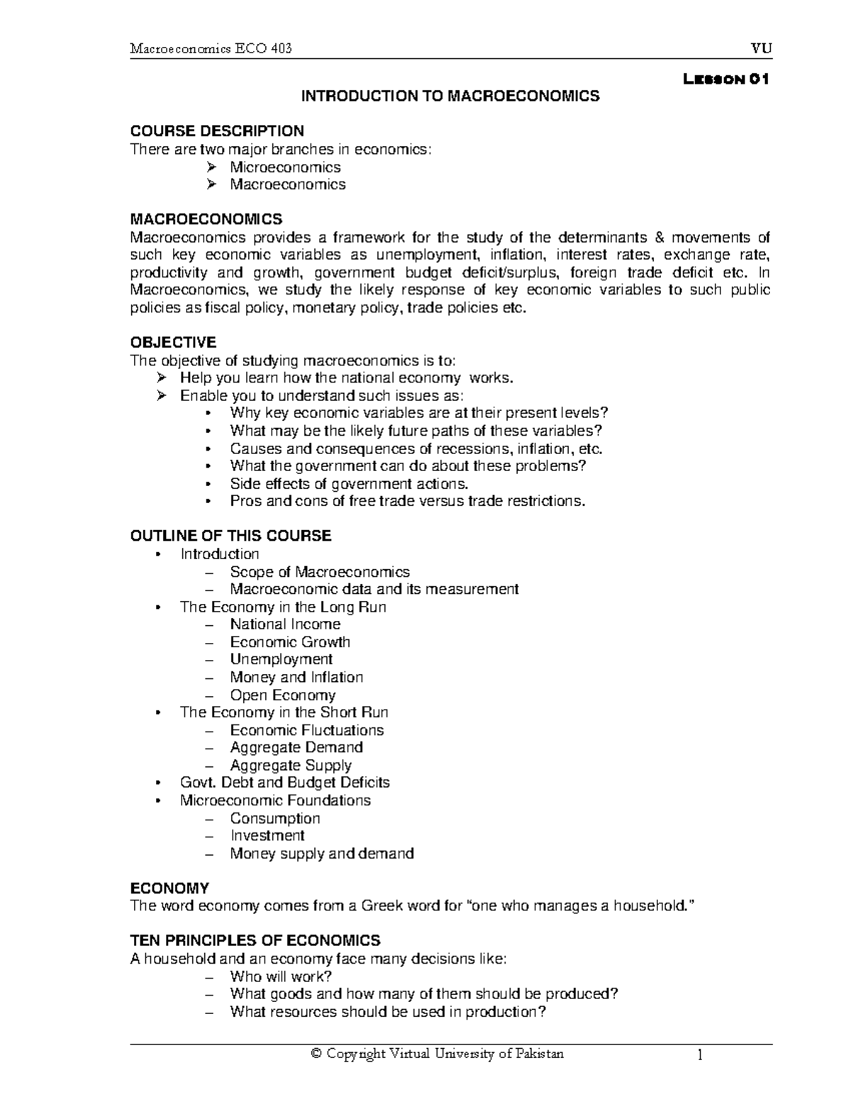 VU Macroeconomics ECO 403 Lesson 01: Introduction to Macroeconomics Overview - Studocu