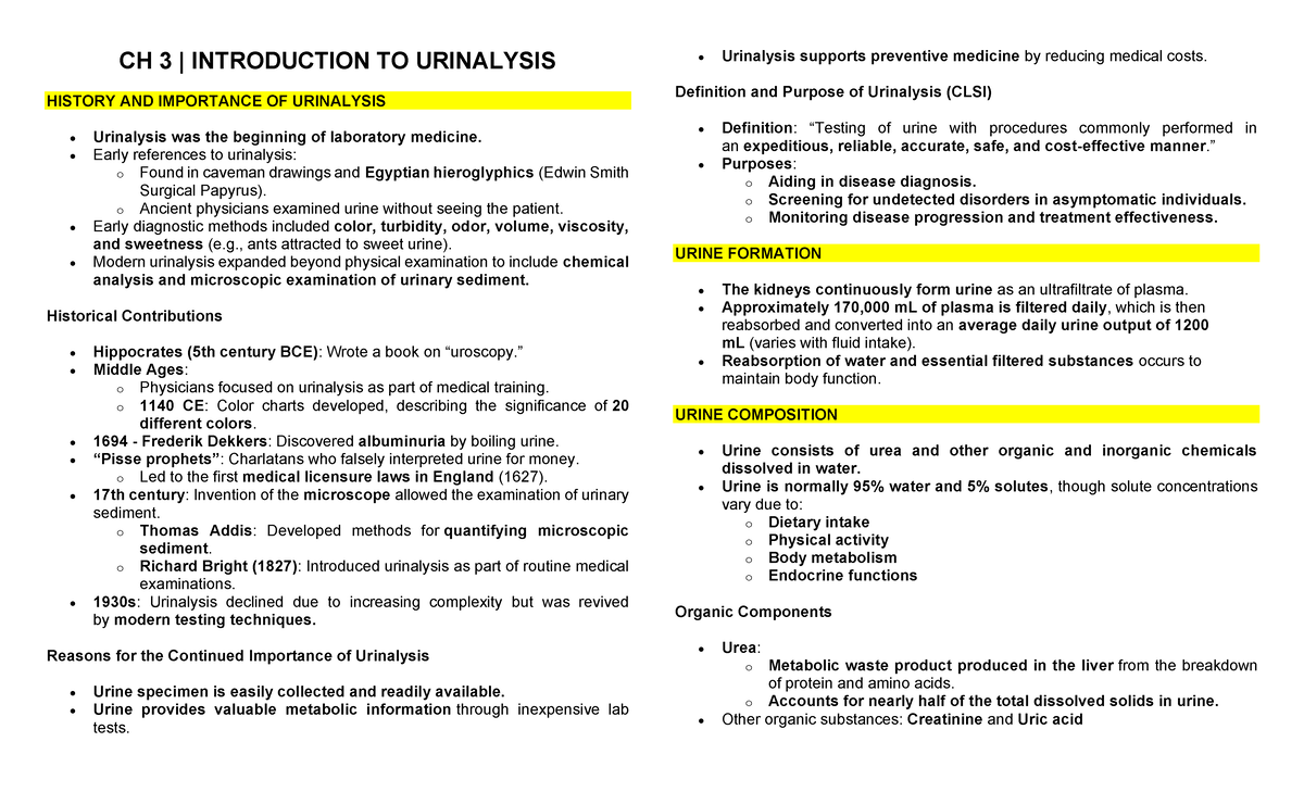CH 3 - Introduction to Urinalysis: History & Importance (ISBB 1) - Studocu