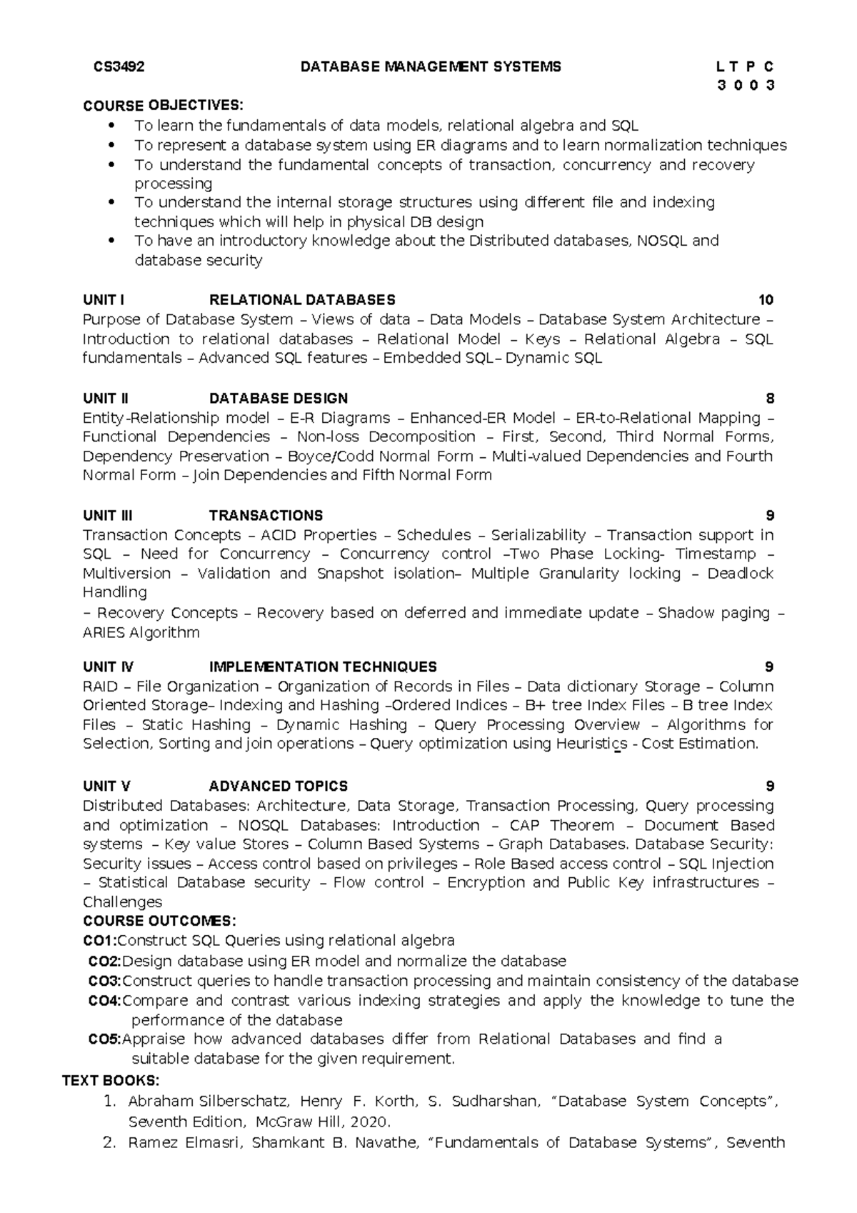 CS3492 Database Management Systems Course Overview and Objectives - Studocu